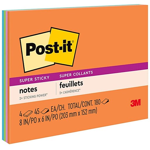 Post-it Super Sticky Notes, 8" x 6", Energy Boost Collection, 45 Sheet ...