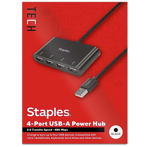 Staples TECH 4-Port USB 2.0 Hub, Black (ST62379) | Staples