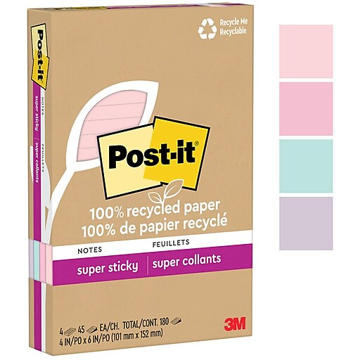 Post-it Recycled Super Sticky Notes, 4" x 6", Wanderlust Pastels ...