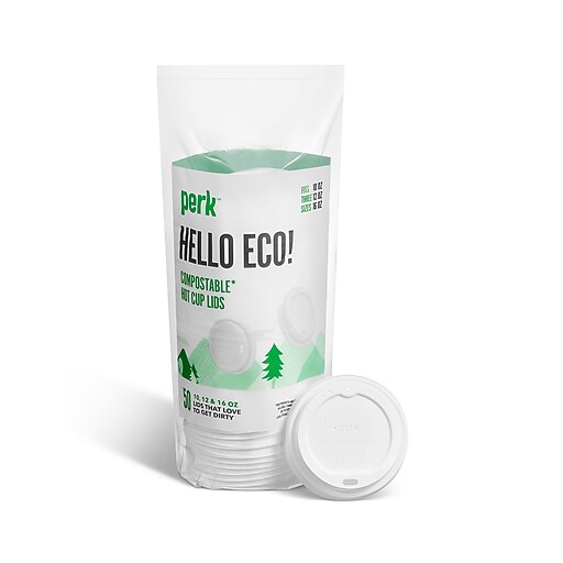 Perk™ Compostable Plastic Hot Cup Lid, 10/12/16 Oz., White, 50/Pack ...