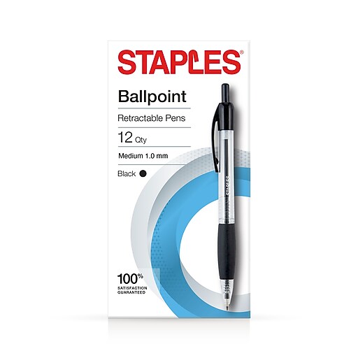 Staples® Retractable Ballpoint Pen, Medium Point, 1.0mm, Black Ink ...