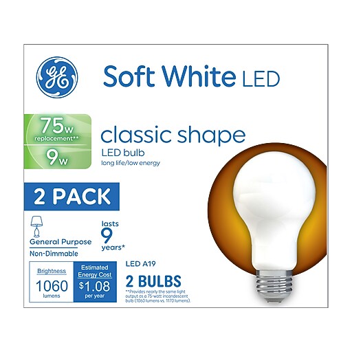 GE 9 Watt Soft White LED Bulb, 2/Pack (93109032) | Staples