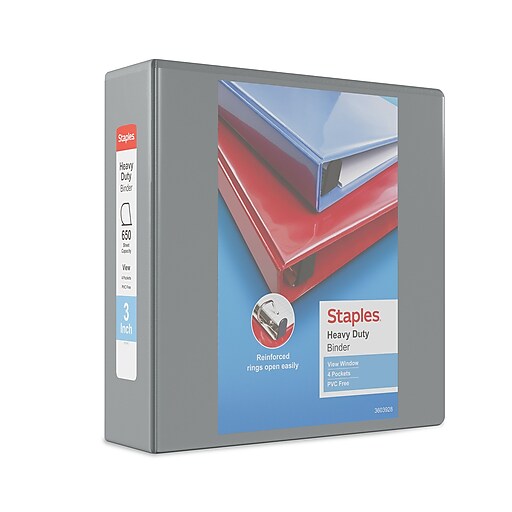 Staples Heavy Duty 3" 3-Ring View Binder, D-Ring, Gray (ST56331-CC ...