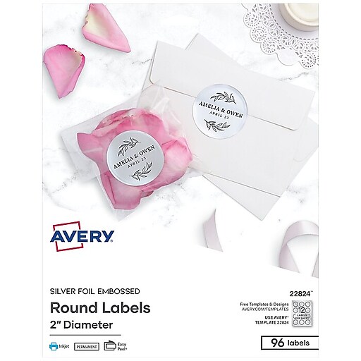 Avery Easy Peel Inkjet Embossed Foil Round Labels, 2" Diameter, Silver ...