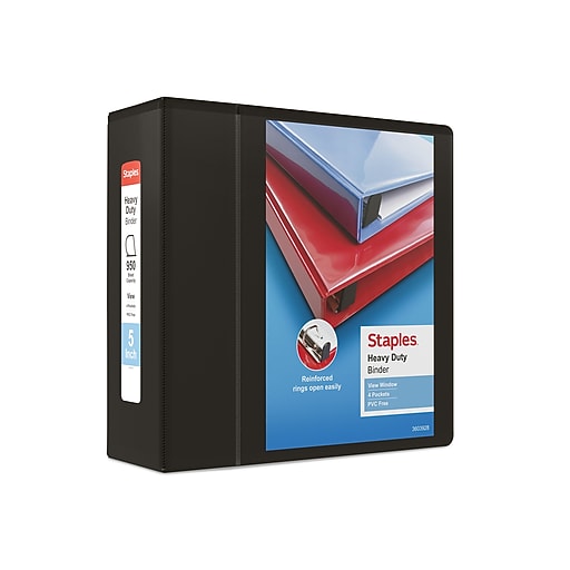 Staples Heavy Duty 5" 3-Ring View Binder, D-Ring, Black (ST56236-CC ...