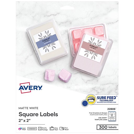 Avery Print-to-the-Edge Laser/Inkjet Square Labels, 2" x 2", White, 300 ...