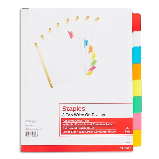 Staples Write-On Dividers, 8-Tab, Assorted Color s, 4/Pack (13511/23179 ...