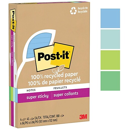 Post-it Recycled Super Sticky Notes, 4" x 6", Oasis Collection, 45 ...