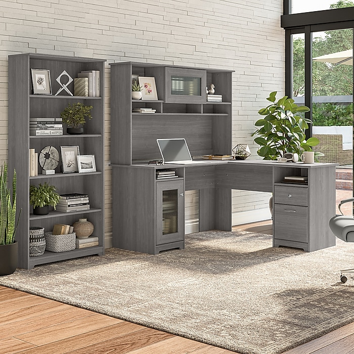 Bush Furniture Cabot 60 W L Shaped Computer Desk with Hutch and 5 Shelf Bookcase Modern Gray CAB011MG Staples