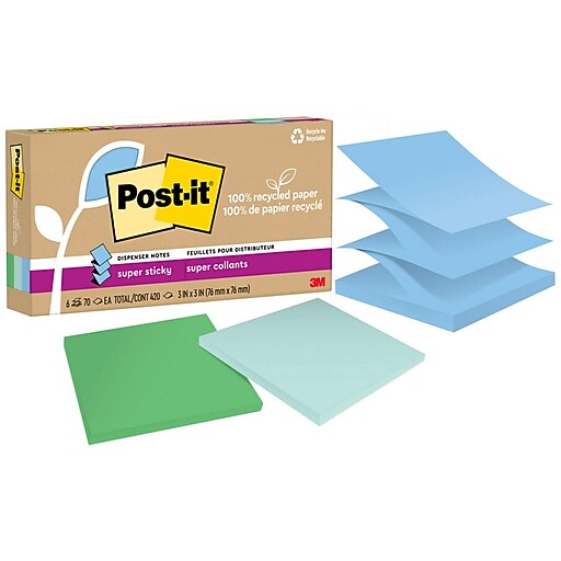 Post-it Recycled Super Sticky Pop-up Notes, 3" x 3", Oasis Collection ...