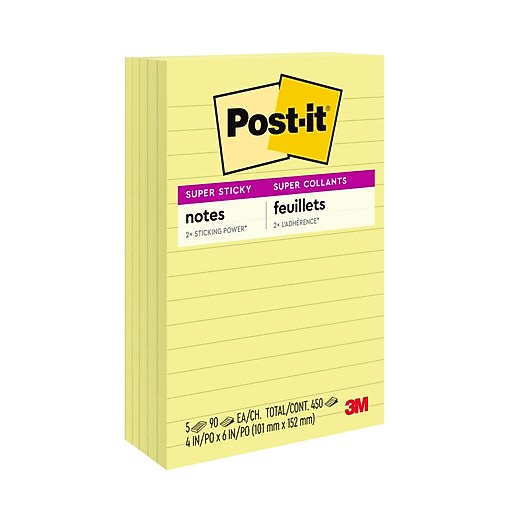 Post-it Super Sticky Notes, 4" x 6", Canary Collection, Lined, 90 Sheet ...