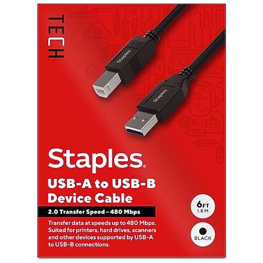 Staples TECH 6 ft. USB-A to USB-B 2.0 Cable, Male to Male, Black ...