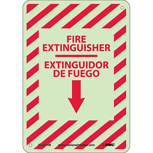 Notice Signs; Fire Extinguisher, Down Arrow, Bilingual 14X10, Glo Rigid ...