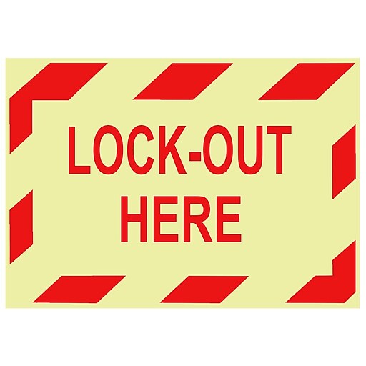 Glow Labels-Lock-Out Here, 3X5, Adhesive Vinylglow, 5/Pk | Staples