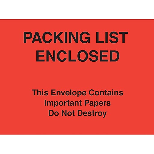 Packing List Envelopes, 7" x 6", Red Paper Face "Packing List Enclosed ...