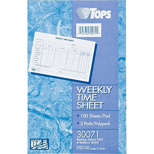 TOPS Weekly Time Sheet, Ruled, 1-Part, White, 8 1/2" x 5 1/2", 2/Pk ...