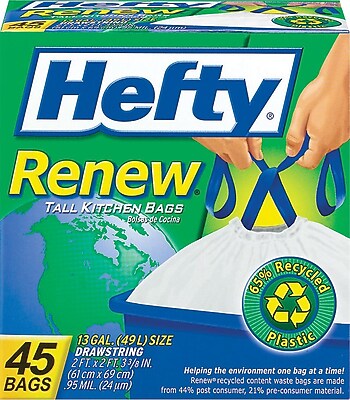 Hefty® Renew Recycled Kitchen Trash Bags, White, 13 Gallon, 45 Bags/Box ...