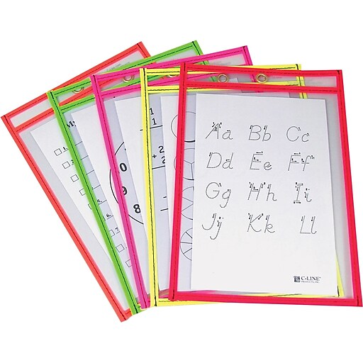 C-Line 9" x 12" Reusable Dry Erase Pocket, Assorted Neon Colors, 10 ...