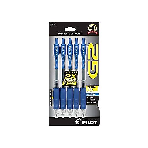 Pilot G2 Rollerball Gel Pen, Extra Fine Point, 0.5mm, Blue Ink, 5/Pack ...