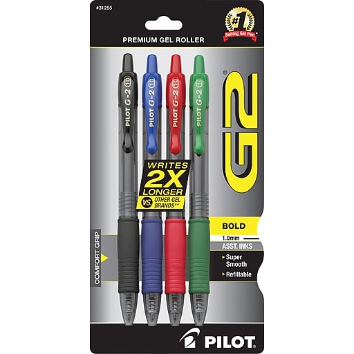 Pilot G2 Retractable Gel Pens, Bold Point, Assorted Ink, 4/Pack (31255 ...