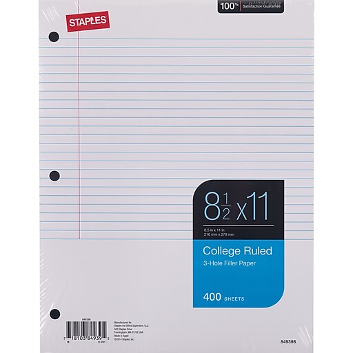 Staples College Ruled Filler Paper 8 1 2 X 11 400 Pack 27521m