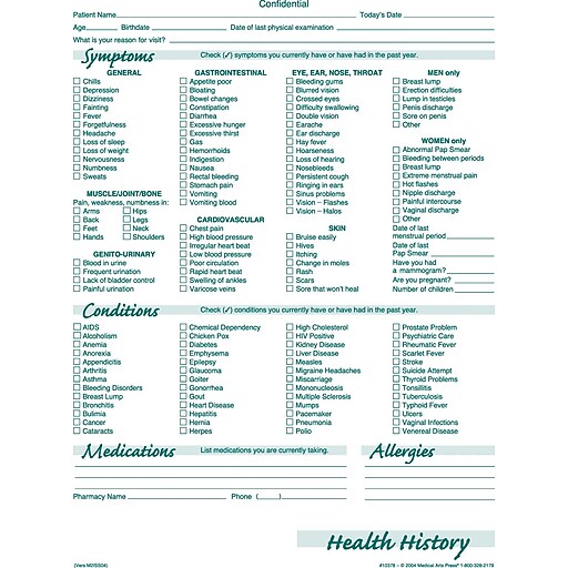 Medical Arts Press® Health History Patient Care Form, Green FormFamily ...