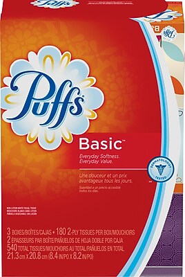 Puffs® Basic Family Facial Tissues, 2-Ply, 180 count, 3 Boxes/Pack (PGC ...