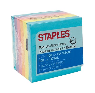 Staples® Stickies™ Pop-up Notes, 3" x 3", Bold Colors, 6 Pads/Pack (S ...