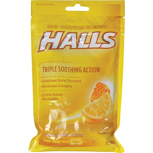 Halls Triple Action Cough Drops, Honey Lemon, 30/Pack (62183/5306-OWN) | Staples