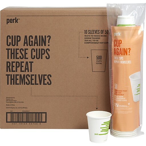 Perk™ Compostable Paper Hot Cup, 10 Oz., White/Green, 500/Carton ...