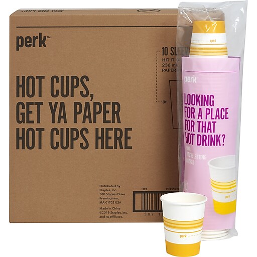 Perk™ Paper Hot Cup, 8 Oz., White/Yellow, 500/Carton (PK45592CT) | Staples