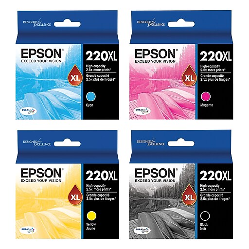 Epson T220XL Black/Cyan/Magenta/Yellow High Yield Ink Cartridges, 4 ...