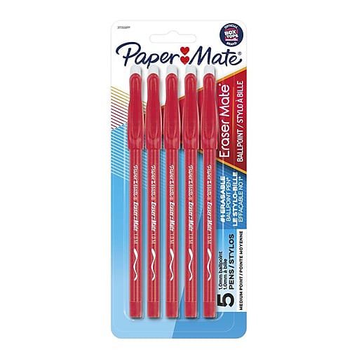 Paper Mate Eraser Mate Erasable Ballpoint Pen, Medium Point, Red Ink, 5 ...