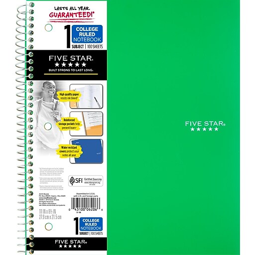 Five Star® Wirebound Notebook, 1-Subject Notebook, 8.5" x 11", College ...