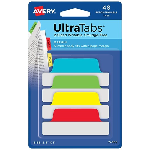 Avery UltraTabs Repositionable Margin Tabs, 2.5" x 1", Assorted Colors ...