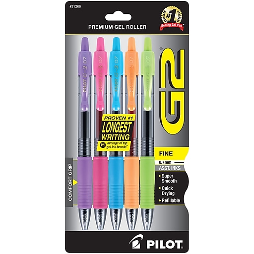 Pilot G2 Retractable Gel Pens, Fine Point, Assorted Ink, 5/Pack (31266 ...