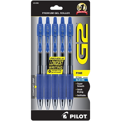 Pilot G2 Retractable Gel Pens, Fine Point, 0.7mm, Blue Ink, 5/Pack ...
