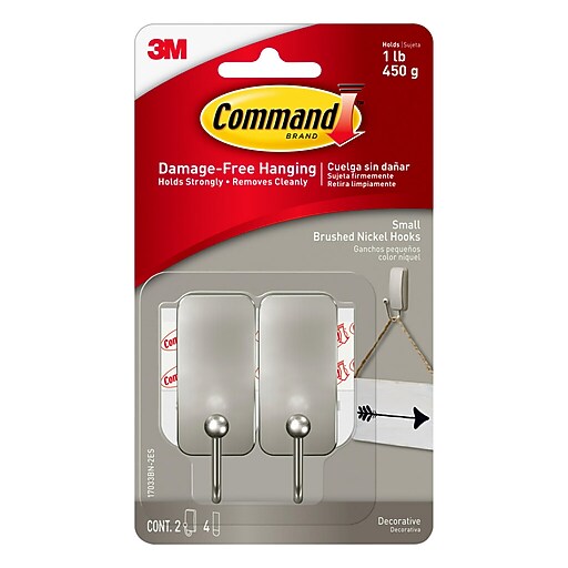 Command™ Small Decorative Hooks, Brushed Nickel, 2 Hooks, 4 Strips/Pack (17033BN-2ES) | Staples