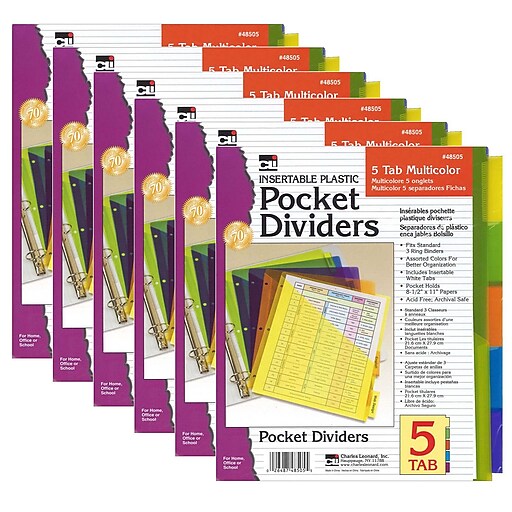 Charles Leonard Index Dividers with Pockets, 5-Tab, Assorted Colors, 5 ...