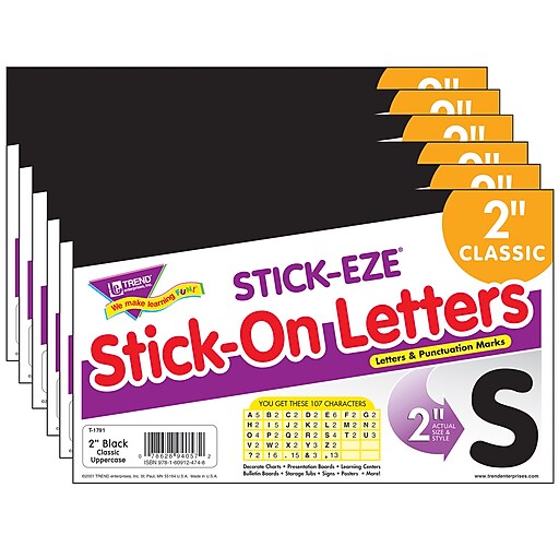 TREND STICK-EZE® 2" Stick-On Letters, Black, 107 Pieces Per Pack, 6 ...