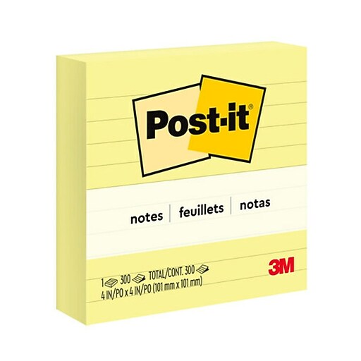 Post-it Notes, 4" x 4", Canary Collection, Lined, 300 Sheet/Pad (675-YL ...