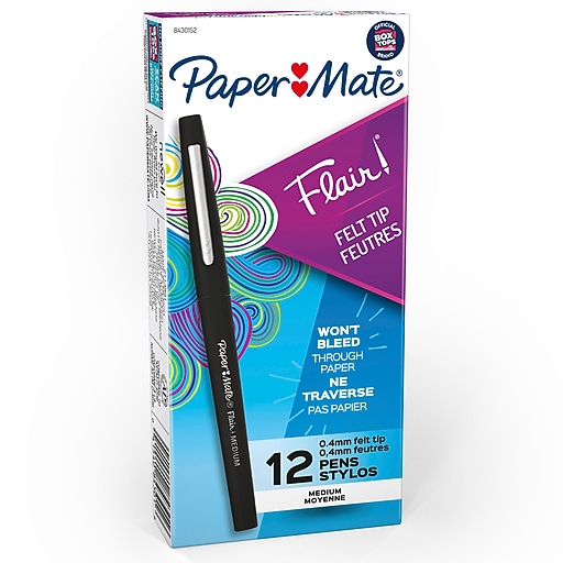 Paper Mate Flair Felt Pens, Medium Point, 0.7mm, Black Ink, Dozen ...