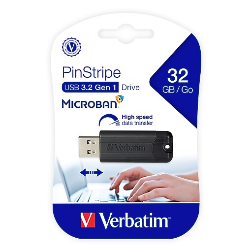 Verbatim PinStripe 32GB USB 3.2 Type A Flash Drive, Black (49317) | Staples