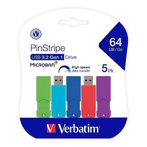 Verbatim PinStripe 64GB USB 3.2 Type-A Flash Drive, Assorted Colors, 5 ...