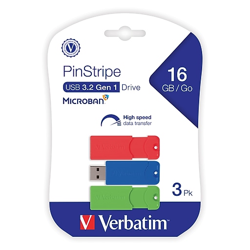 Verbatim PinStripe 16GB USB 3.2 Type A Flash Drive, Assorted Colors, 3 ...
