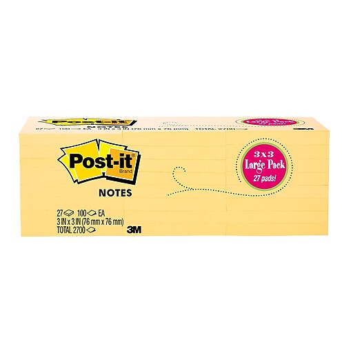 Post-it Notes, 3" x 3", Canary Collection, 100 Sheet/Pad (654-2700-YW ...