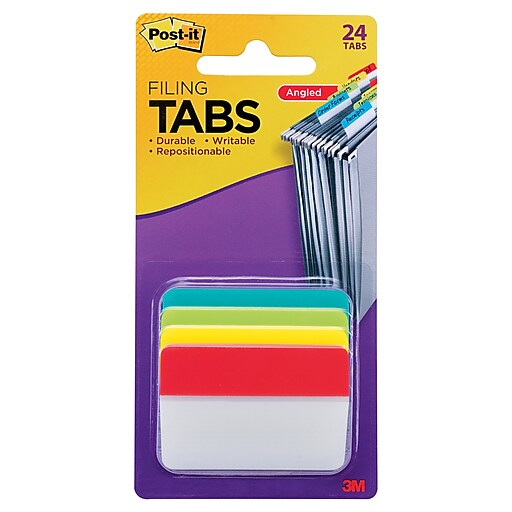 Post-it® Tabs, 2" Wide, Angled, Solid, Assorted Colors, 24 Tabs/Pack ...