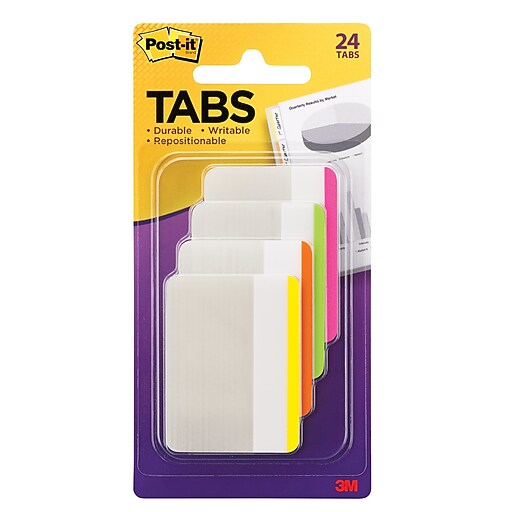 Post-it® Durable Filing Tabs, 2" Wide, 4 Assorted Colors, 24 Tabs/Pack ...