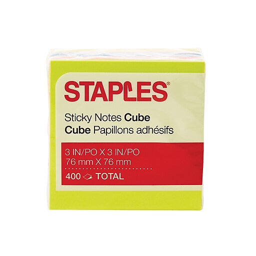 Staples Stickies Standard Notes, 3" x 3" Assorted, 400 Sheets/Pad, 1 ...