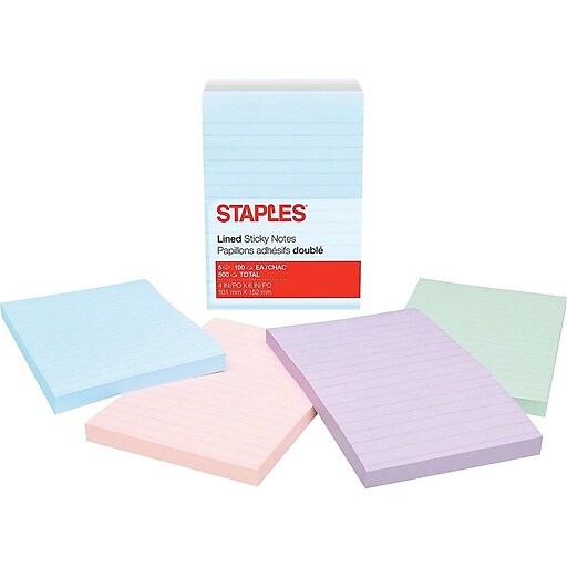 Staples Stickies Standard Notes, 4" x 6" Assorted, 100 Sheets/Pad, 5 ...